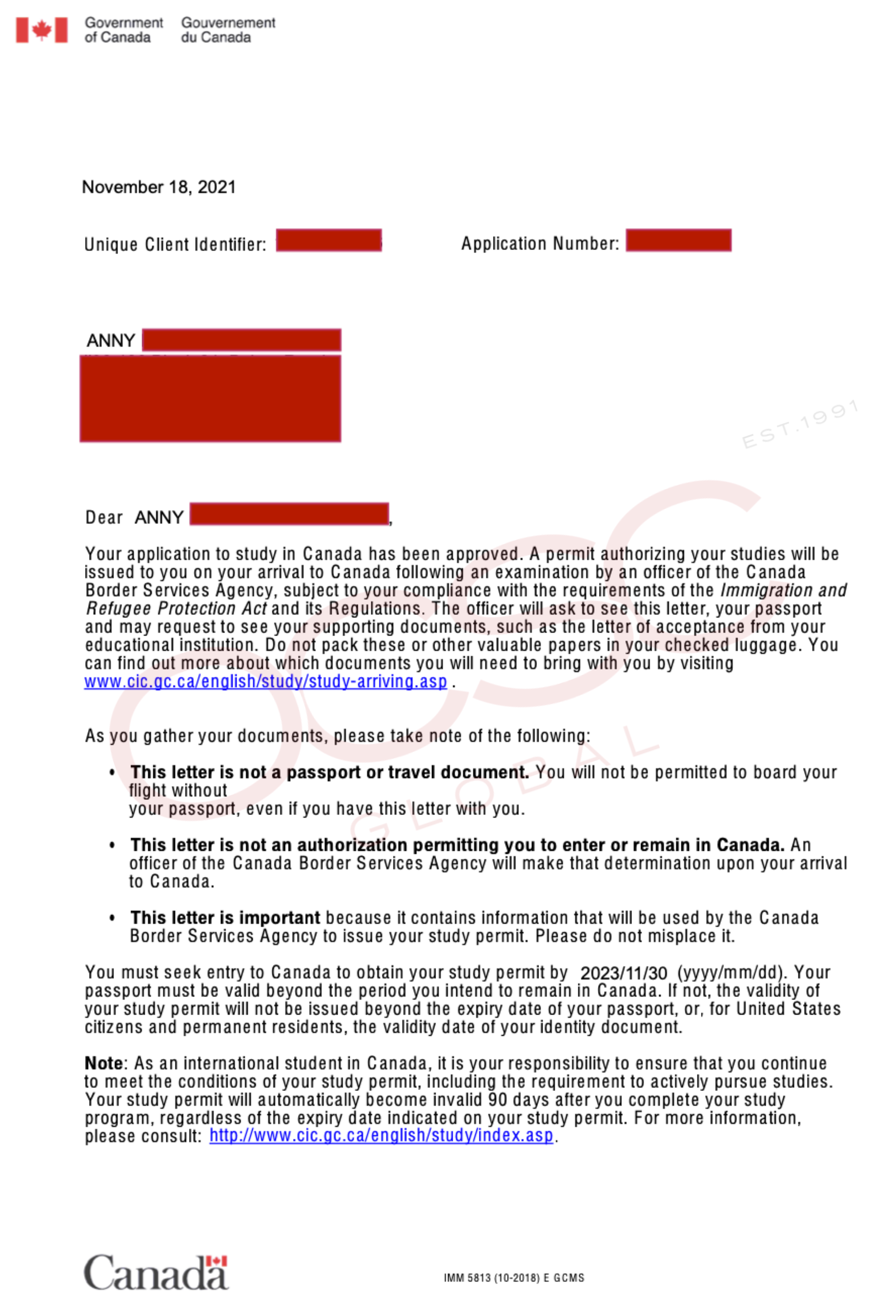 Approval for Canada Study Permit + Spouse Open Work Permit | OCSC Global