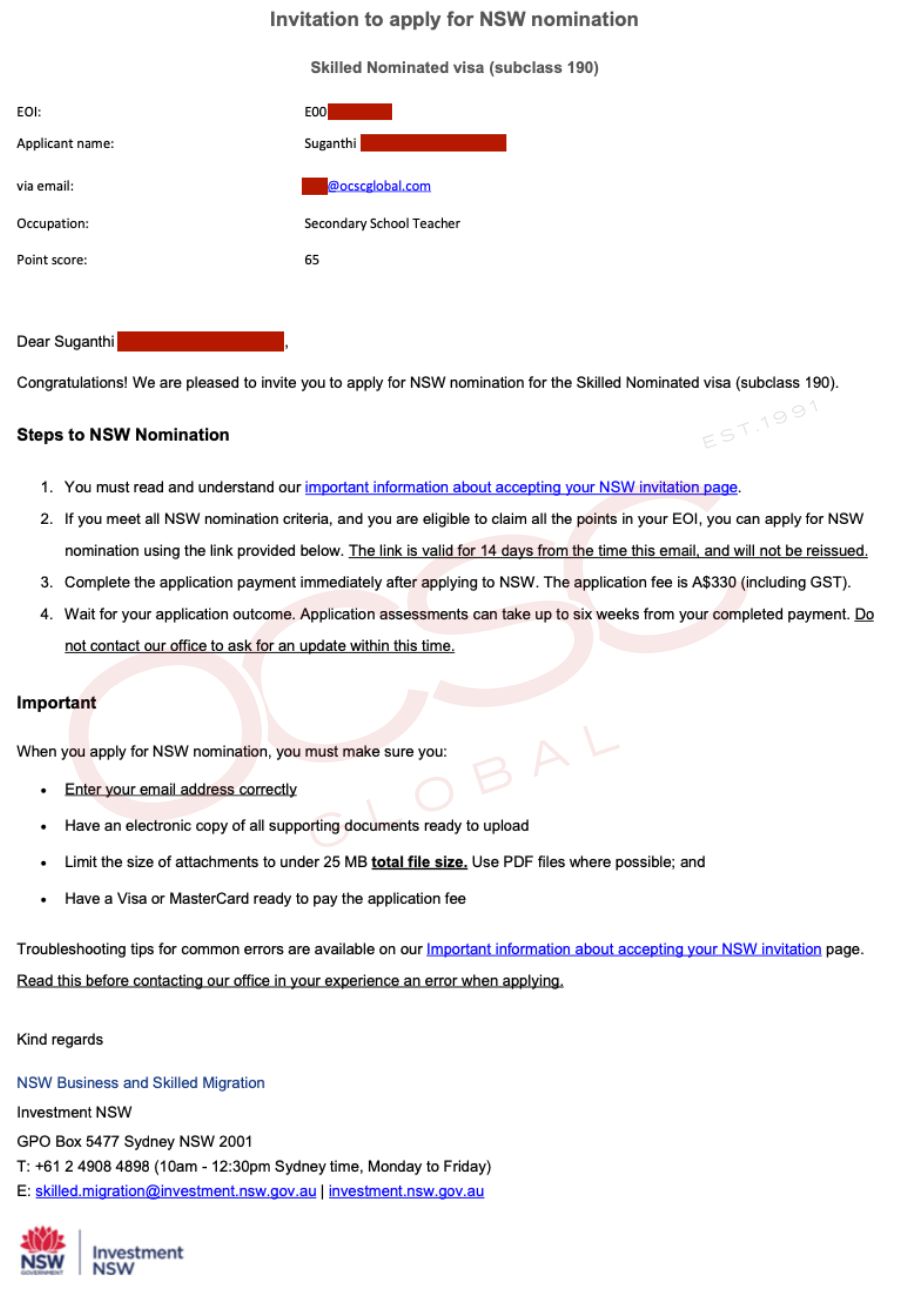 Invitation to Apply for NSW Nomination Subclass 491 & 190 | OCSC Global